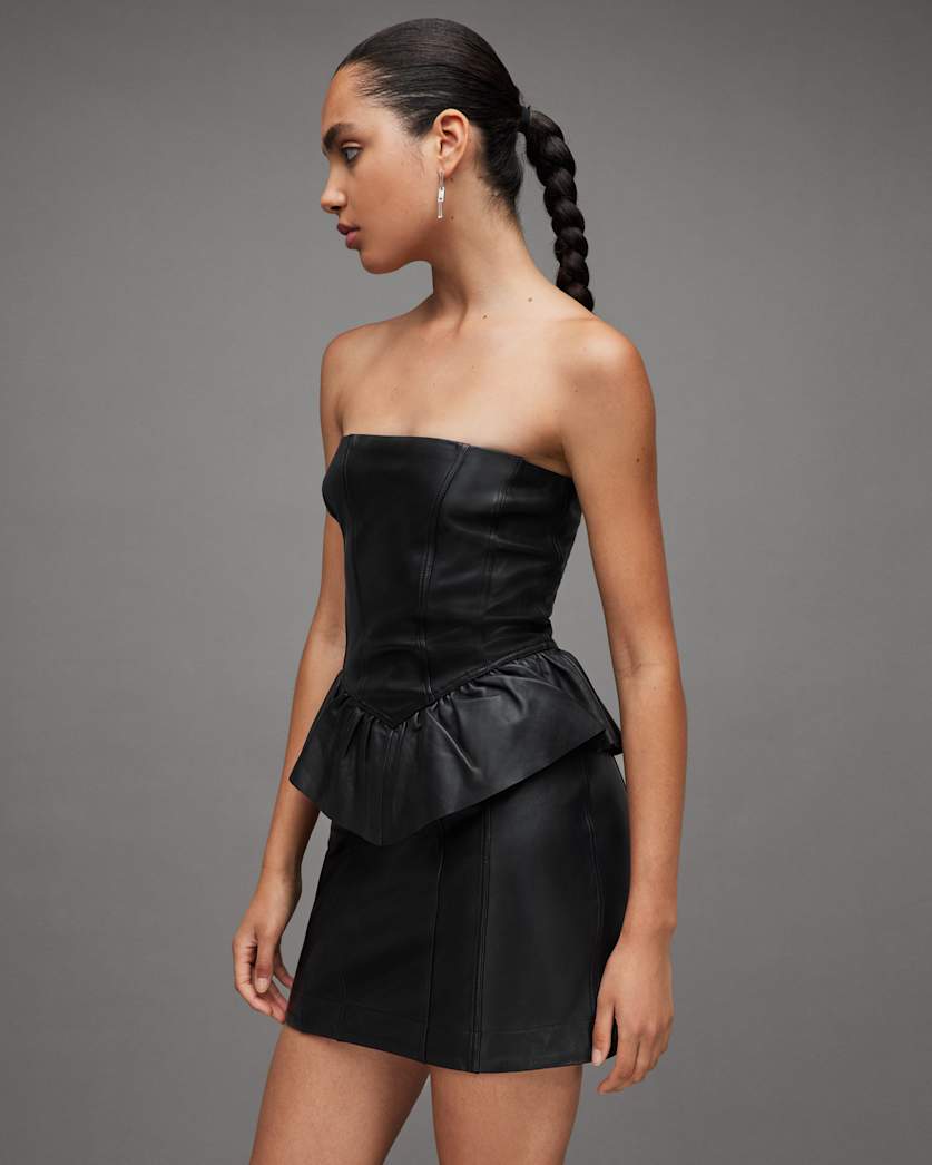 Cassie Leather Ruffle Mini Dress Black | ALLSAINTS